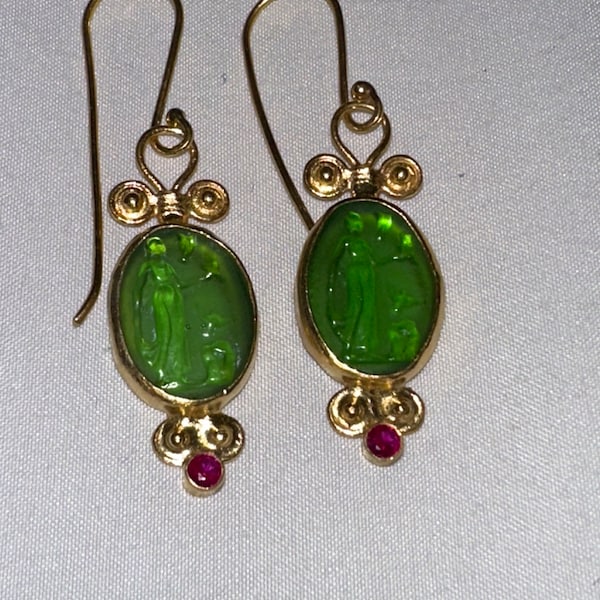 Greek Aphrodite Intaglio Green Glass Earrings | 925 Sterling Silver ...