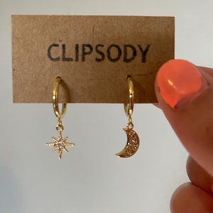 Moon & Star Dangle Clip on Earrings/minimalist Clip on Earrings for Women/celestial Drop Clip on ...