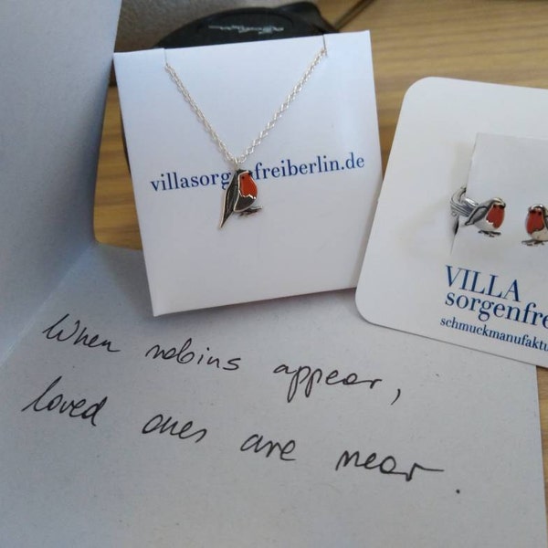 Dainty Robin Bird Necklace. Sterling Silver and Orange Enamel. Nature ...