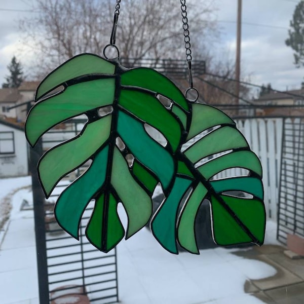 Monstera Leaves Suncatcher Stained Glass Window Hanging Decor Plant ...