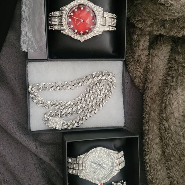 18k Gold/white Gold Hip-hop Iced Watch Bracelet Cuban Chain 3pc Set - Etsy