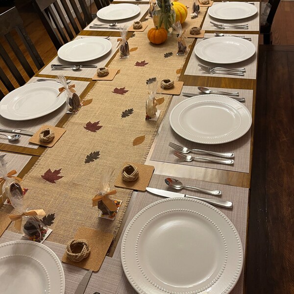 Fall Burlap Table Runner, Brown, Golden Brown and Barn Red Leaves ...