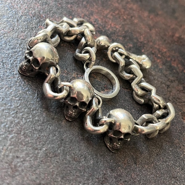 Skull Bracelet, Sterling Silver Skull Bracelet, Silver Skull Chain ...