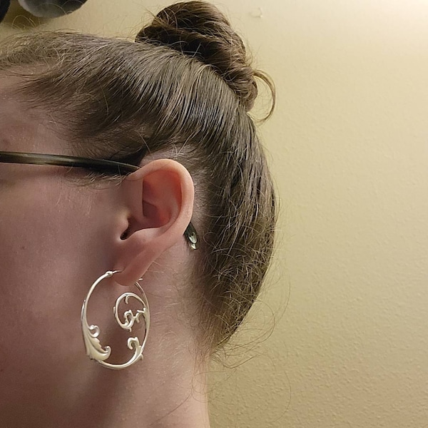 Large Hoop Earrings • Silver Floral Vine Art Nouveau Leaf Hoops (S98 ...