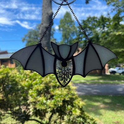 Medium Stained Glass Bat Sun Catcher Ornament, With Real Pressed ...
