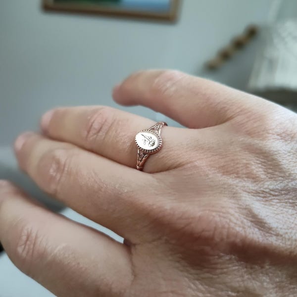 Sterling Silver Birth Flower Ring, Signet Ring Women, Birth Month ...