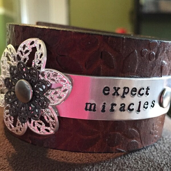 CUSTOM WORD Wide Leather Cuff Bracelet With Flower - Custom Stamped ...