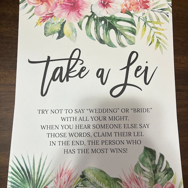 Tropical Take a Lei Game Sign, Printable Sign, Hawaiian Luau Party ...