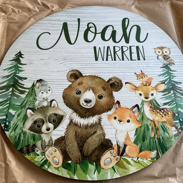 Woodland Animal Name Sign, Woodland Nursery Baby Sign, Round Wood Name ...