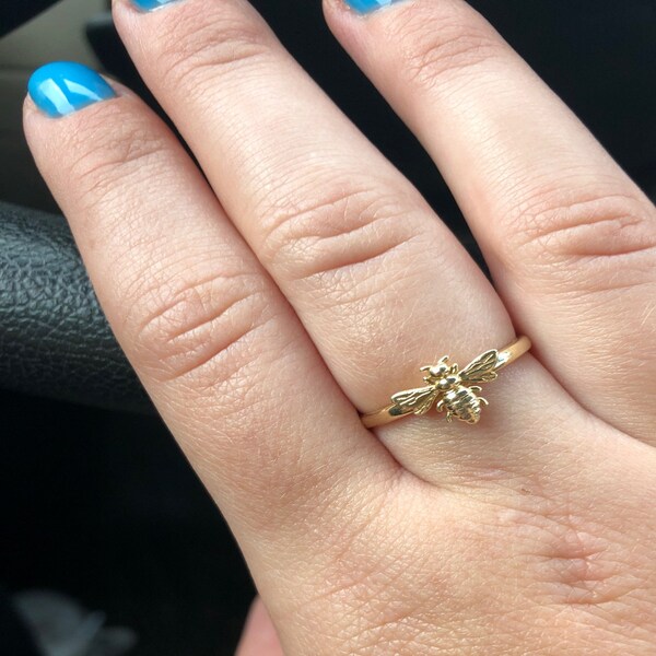 14k 18k Solid Gold Bee Stacking Ring, Honey Bee Engagement Real Gold ...