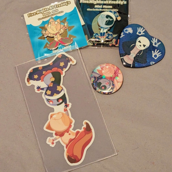 FNAF Smol Sun and Mini Moon Glow-in-the-dark Enamel Pins + Free Sticker ...
