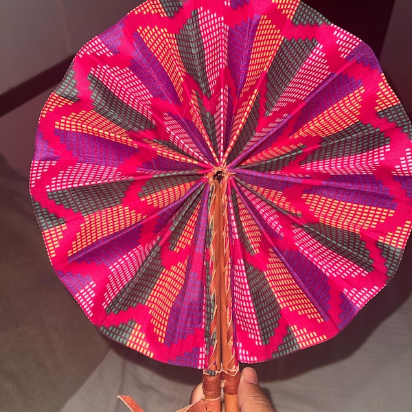 African Fabric Hand Fan With Leather Handle, Decorative Fan Made With ...