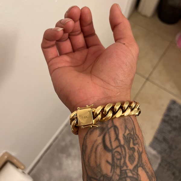 14mm Miami Cuban Link Bracelet in 14k Gold Filled Featuring Double ...