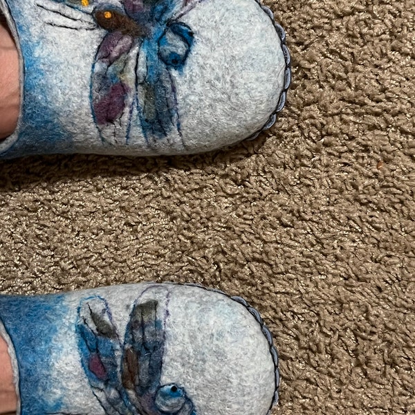 Dragonfly Art Felted Slippers for Women, Grey and Emerald Green Wool ...