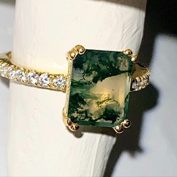 Natural Moss Agate Ring-emerald Cut Moss Agate Ring-gold-silver ...