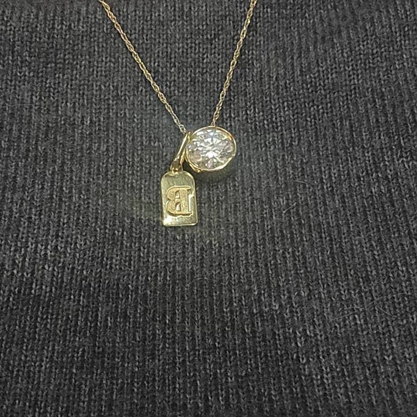 14k SOLID GOLD Initial Tag Charm, Custom Engraved Letter Pendant, Tiny ...
