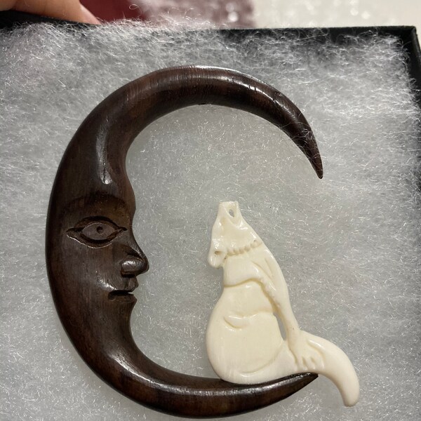 Howling Wolf Inside Crescent Moon, Buffalo Bone and Sono Wood Carving ...