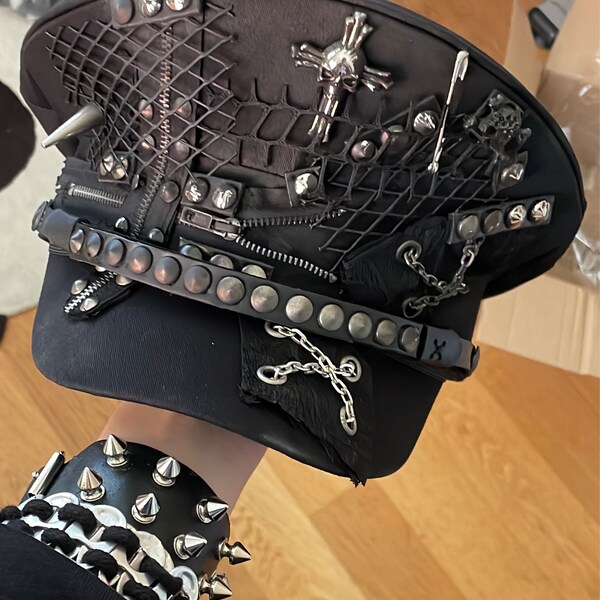 Punk Punkgothic Cotton Military Hat With Black Studs and Chains - Etsy