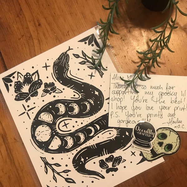 Lunar Phase Snake Print Black and White // Snake Screenprint // Gothic ...