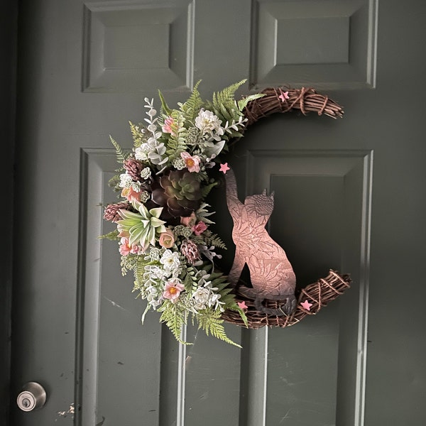 Spring Succulent Cat Crescent Moon Wreath • Wildflower Boho Door Hanger ...