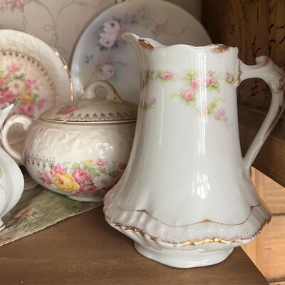 Rare Antique Pink melrose Bird, Florals Pattern Rounded Square Handled ...