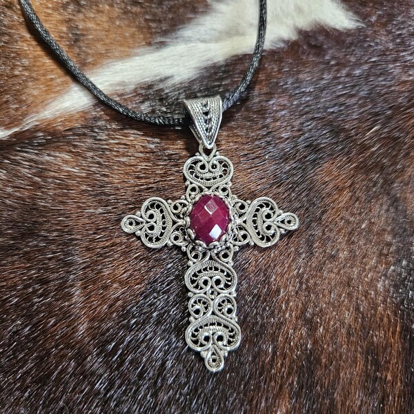 Blackened Silver Ruby Cross Ring, 925 Sterling Silver Red Ruby Corundum ...