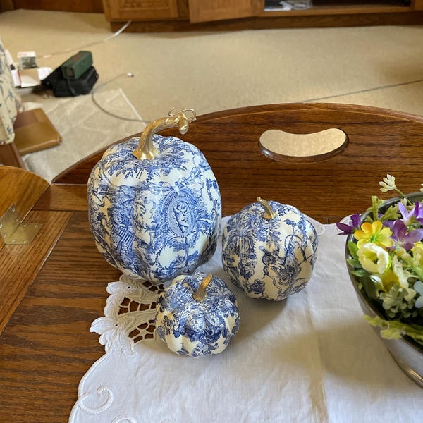 Set of 3, Blue French Toile Fall/thanksgiving Pumpkins - Etsy