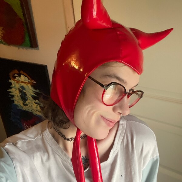 Red Devil Horn Hat, Devil Vintage Bonnet, Devil Hood, Hat With Horns ...