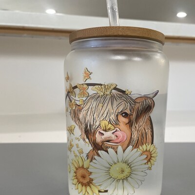 Floral Highland Cow Frosted Beer Can Glass With Lid and Straw - Etsy