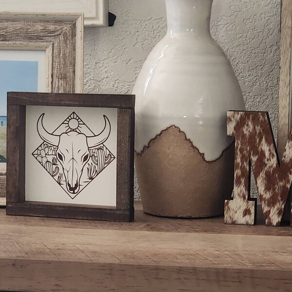 Cow Skull Western Farmhouse Cowboy Decor Sign - Aztec Style Cactus Sign ...