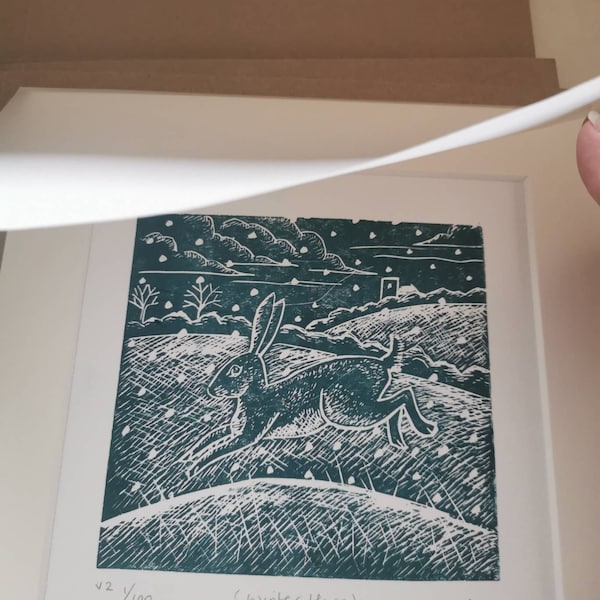 Leaping Hare Lino Print: Original Limited Edition Linocut, Winter Hare ...