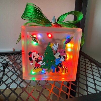 Disney Christmas, Mickey and Minnie Holiday Lighted Glass Block ...