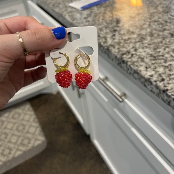 Beaded Raspberry Earrings With Gold or Silver Huggie | 3D Handmade ...
