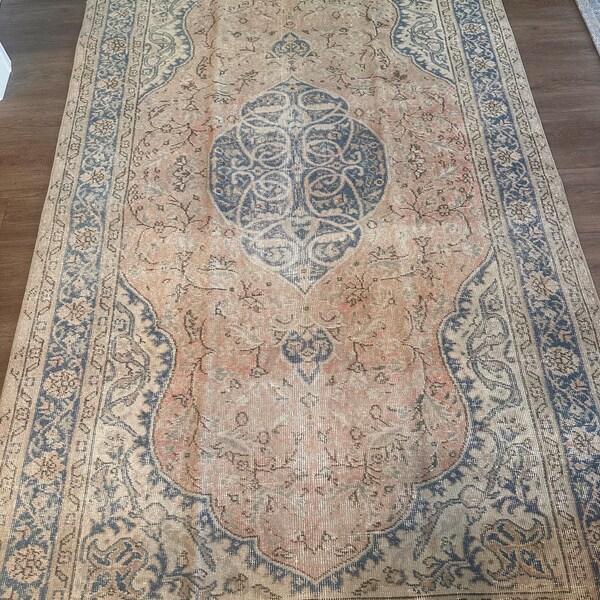 7x10 Vintage Rug, Blue Turkish Area Rug, Bedroom Rug, Wool Anatolian ...