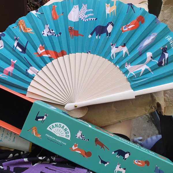Hand Held Wooden Folding Fan - Go Cat - Cat Lovers Fashion Accessory ...