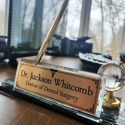 Custom Medical Doctor Desk Name Plate With Logo and Globe, Black Glass ...