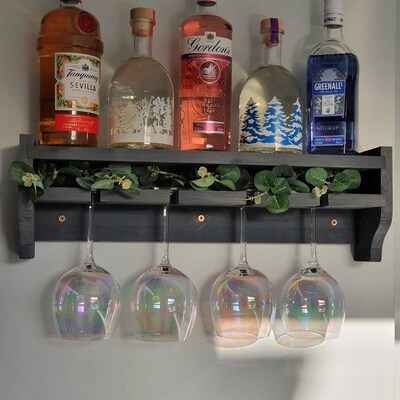 Grey Rustic Wooden Gin Shelf to Hold 4 Glasses/bottles Wall Mounted ...