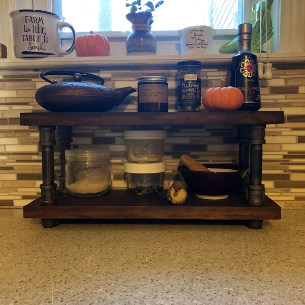 2-tier Countertop Shelf, Spice Rack, Kitchen Wood Pipe Riser, Rustic ...