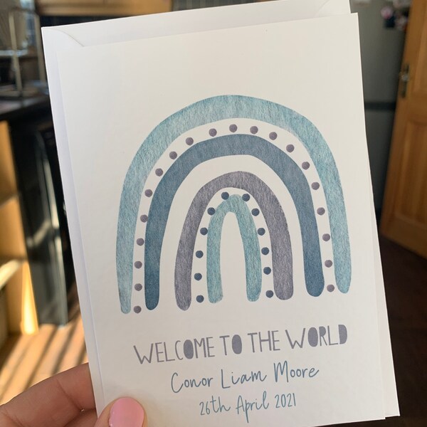 New Baby Boy Card, Personalised New Baby Card, Blue Rainbow Baby Card ...