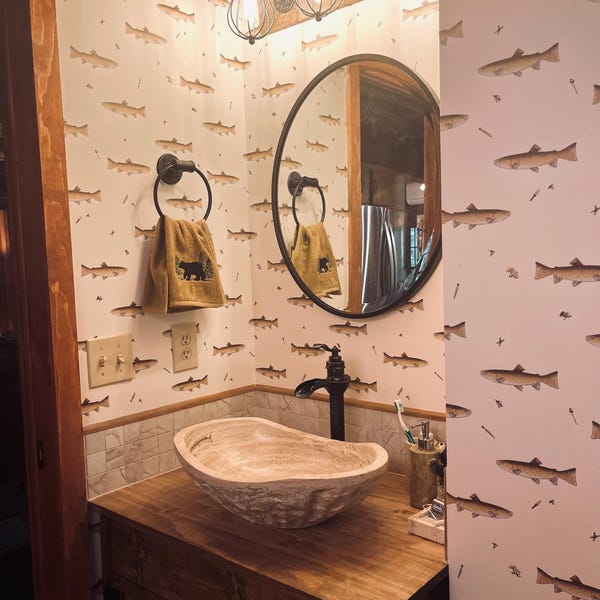 Fish Wallpaper, Rustic Lake Life Outdoors Peel and Stick Wallpaper ...