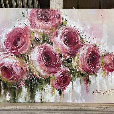 Large Oversized Roses Wall Art Pink Canvas Flowers Oil Painting Luxury ...