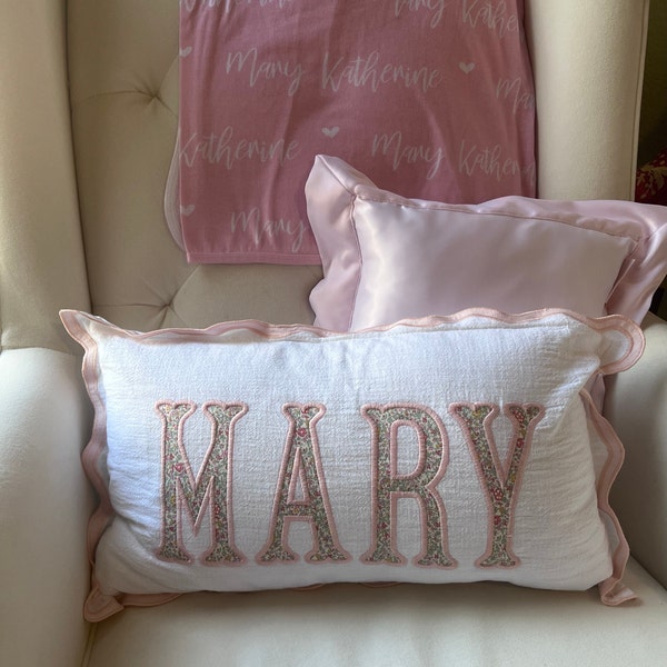 12x20 in Personalized Scalloped Applique Name and Monogram Pillow Cover ...
