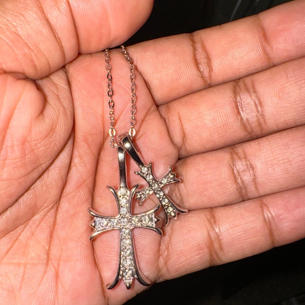 Stainless Steel Silver Baroque Double Cross Necklace - Etsy