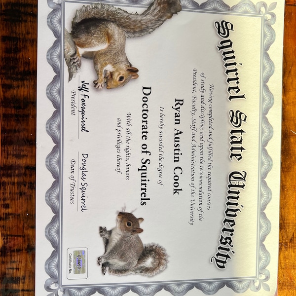 Personalized SQUIRREL University Certificate - Digital, Printed, or ...
