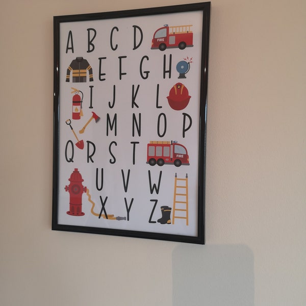 Firefighter Alphabet Print Emergency Fire Truck ABC Nursery Wall Art ...
