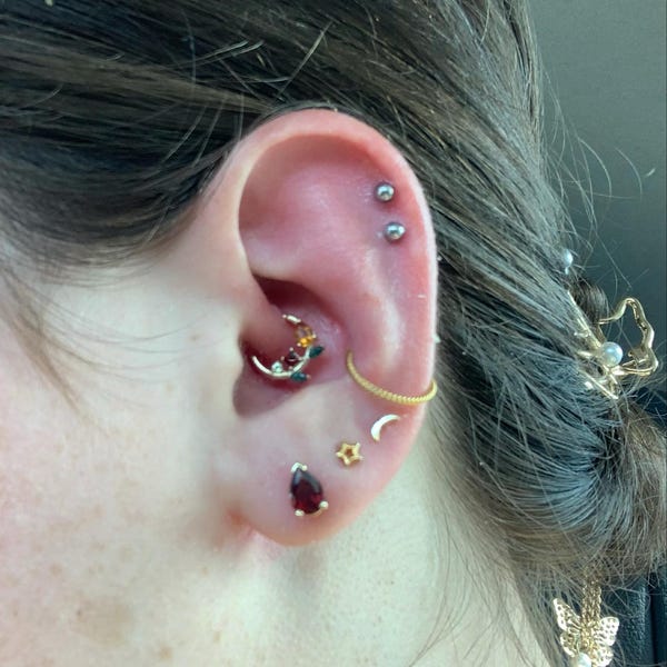 14K Gold Moss Agate Earring Threadless Push Pin Stud Dainty Fan Shape ...