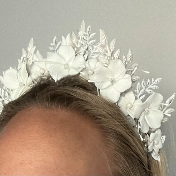 Clay Flowers Bridal Crown - White Clay Statement Crown - Hand Made in ...