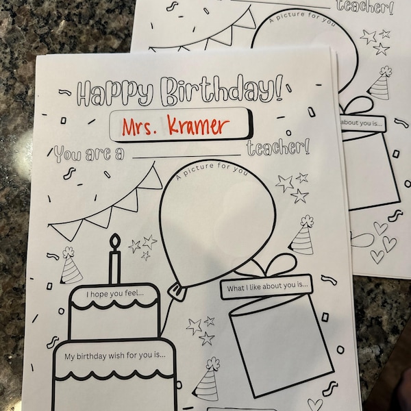 Teacher Birthday Card Printable: Fill-in Coloring Page (PDF) - Etsy