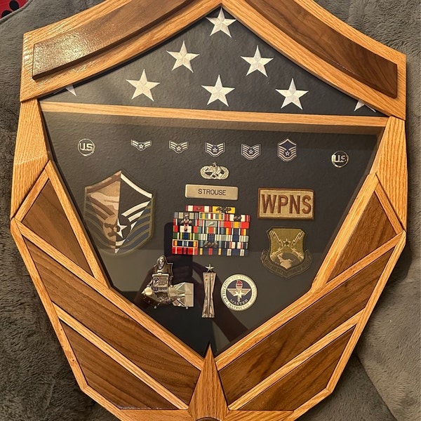 Handcrafted Air Force Shadow Box With Flag Case Stand Oak and Navy ...