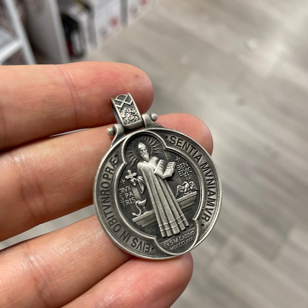 Oxidized Silver Saint Benedict Medallion, St Benedict Necklace, Unisex ...